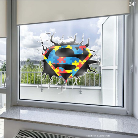 Superman Style Autism Awareness Breaking Out Static Cling Decal